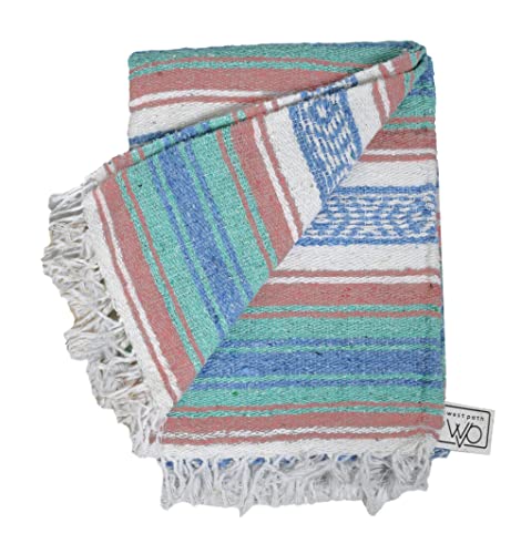 Open Road Goods Light Teal and Coral Mexican Blanket - Authentic Mexican Flasa - Great Yoga Blanket, Beach Blanket, Picnic Blanket, or Mexican Throw! Handwoven