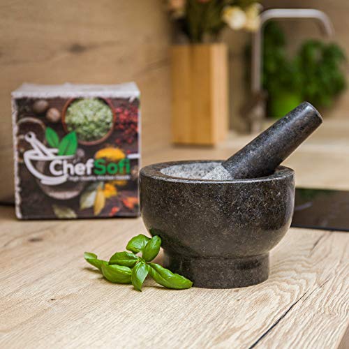 ChefSofi Mortar and Pestle Set - Black Polished Exterior - 6 inch - 2 Cup Capacity