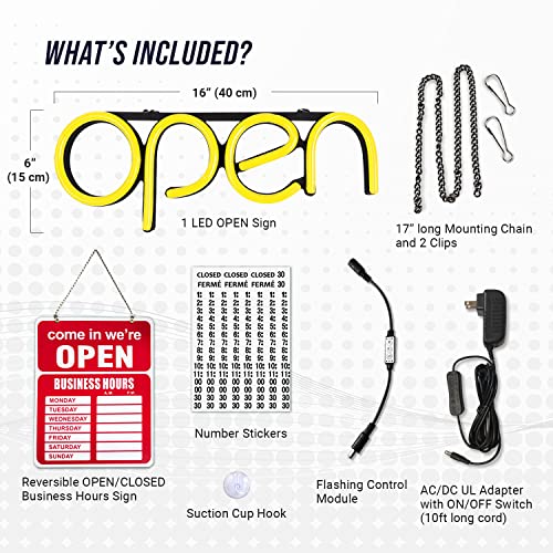 Flashing LED Neon Open Sign Light for Business with ON & Off Switch - Lightweight & Energy Efficient for Restaurants Offices Retail Shops Window Storefronts - Yellow