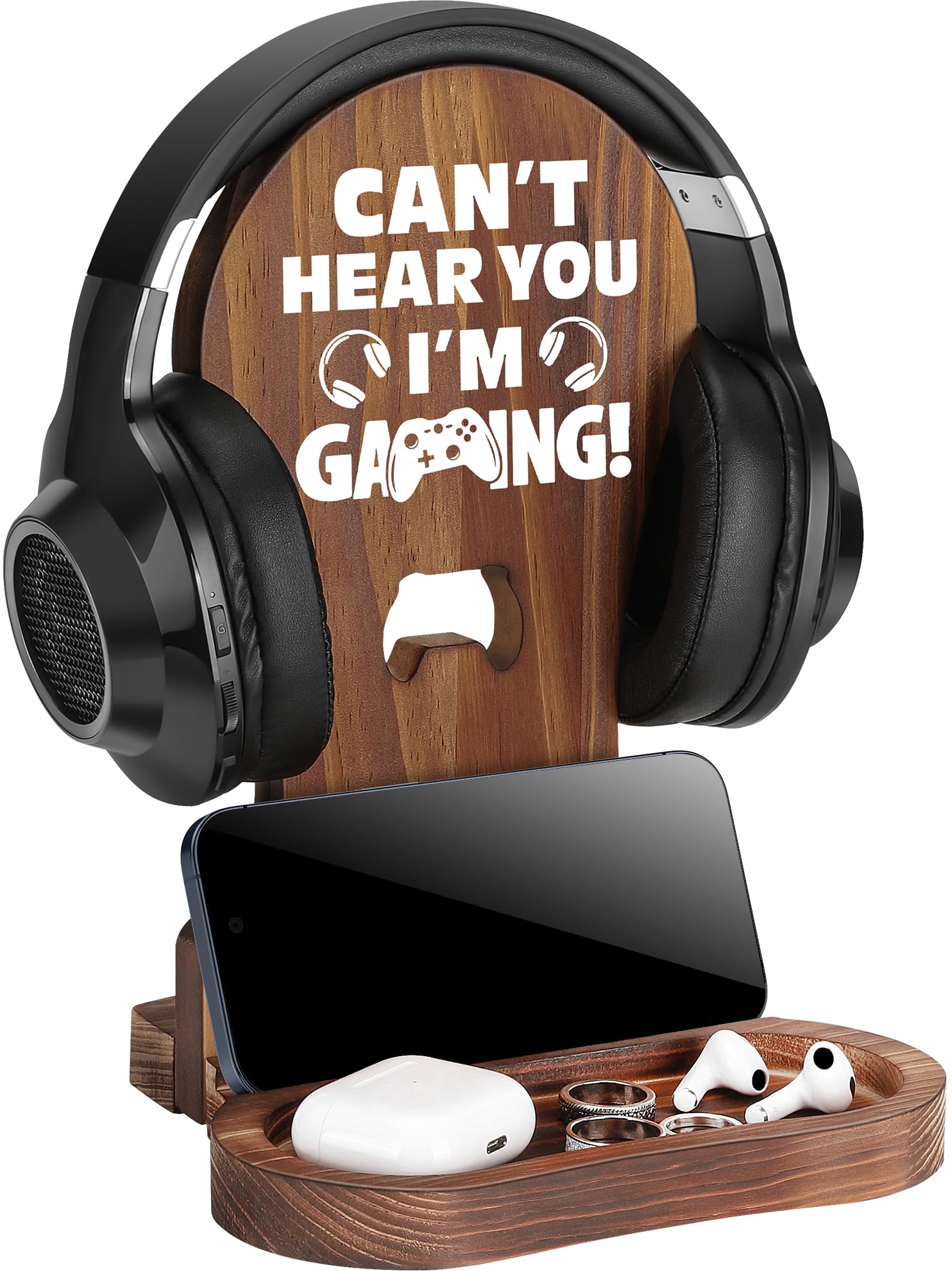 Slothoem-Gamer Gifts for Teenage Boy, Gamer Room Decor for Man, Best Gifts for Son, Boyfriend, Husband, Gamer Room Accessories Stuff, Wooden Gaming Headset Stand - Can't Hear You I'm Gaming
