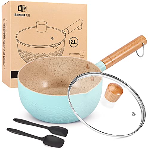 Sauce pan with Lid, 2.1 Quart Nonstick Small Pot, Induction Compatible Aluminum Cooking Pot with Silicone Spatula for Milk, Soup, Pasta, Egg, Rice (BLUE)