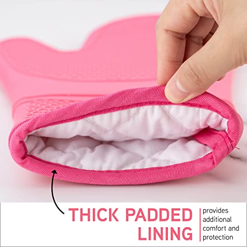COOK WITH COLOR Silicone Oven Mitts- Heat Resistant Gloves with Soft Quilted Lining Oven Mitt Pot Holders for Cooking and BBQ, Pink, Oven Mitt