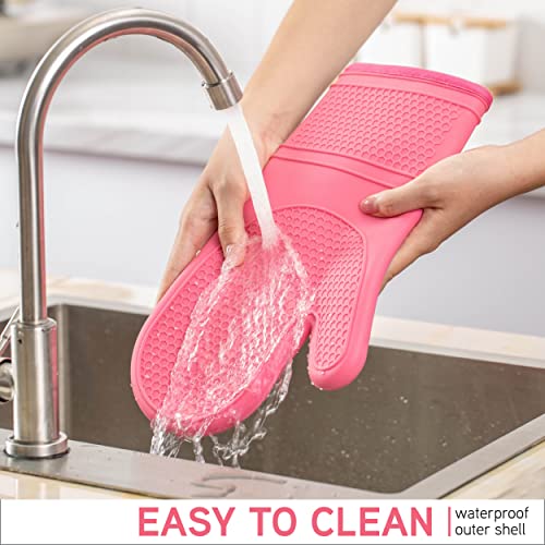 COOK WITH COLOR Silicone Oven Mitts- Heat Resistant Gloves with Soft Quilted Lining Oven Mitt Pot Holders for Cooking and BBQ, Pink, Oven Mitt