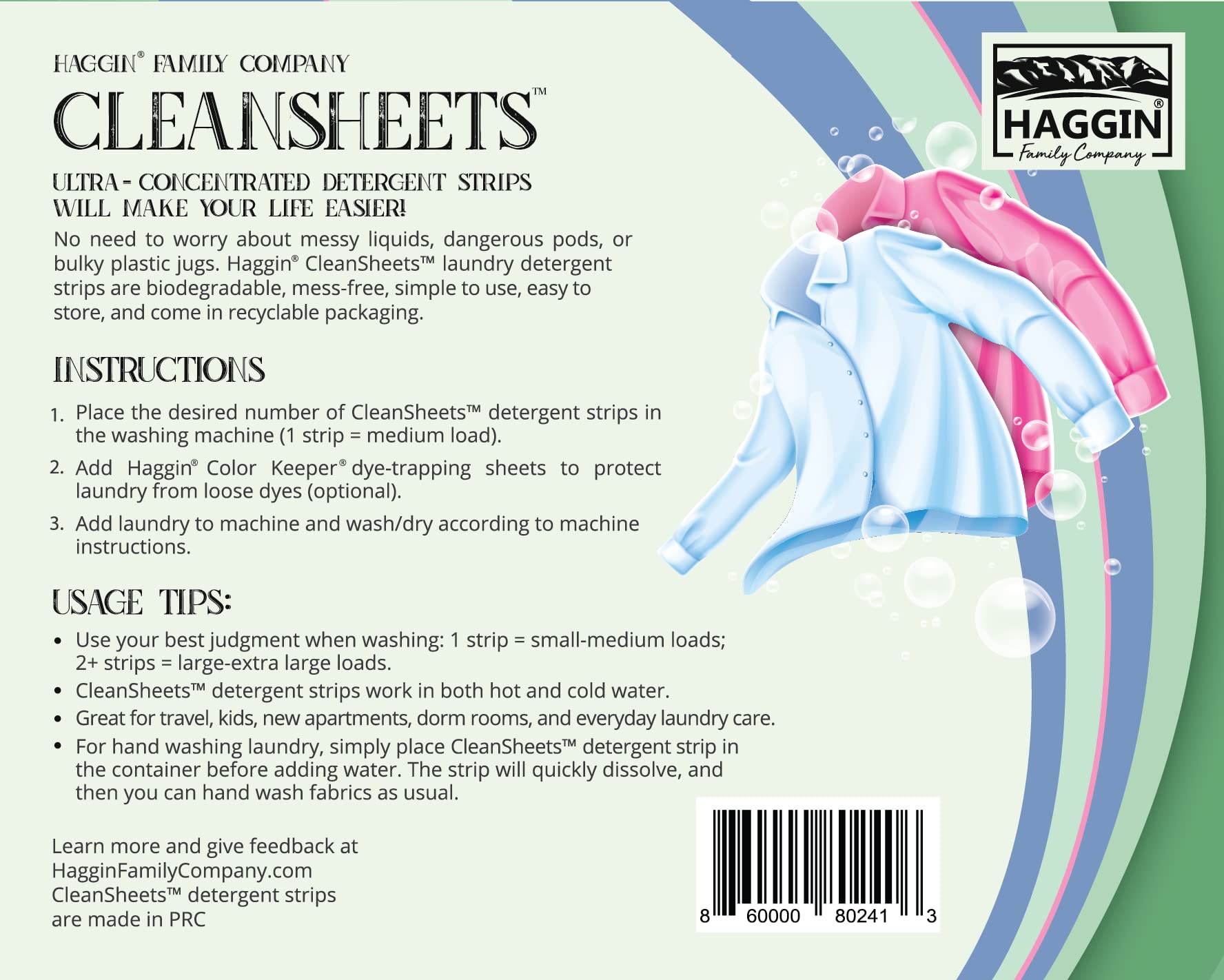Haggin® CleanSheets Laundry Detergent Strips, 50 Value Pack | Ultra-concentrated | Mess-free | Fragrance-free | Bleach-free