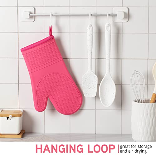 COOK WITH COLOR Silicone Oven Mitts- Heat Resistant Gloves with Soft Quilted Lining Oven Mitt Pot Holders for Cooking and BBQ, Pink, Oven Mitt