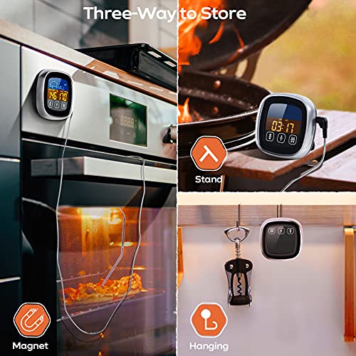 Pilita Digital Meat Thermometer with Large Touchscreen LCD, with Long Probe, Kitchen Timer, Backlight Instant Read for Smoker Kitchen BBQ Oven, Grill Thermometer, Cooking Food Meat Thermometer- Silver