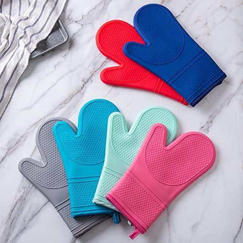 COOK WITH COLOR Silicone Oven Mitts- Heat Resistant Gloves with Soft Quilted Lining Oven Mitt Pot Holders for Cooking and BBQ, Pink, Oven Mitt