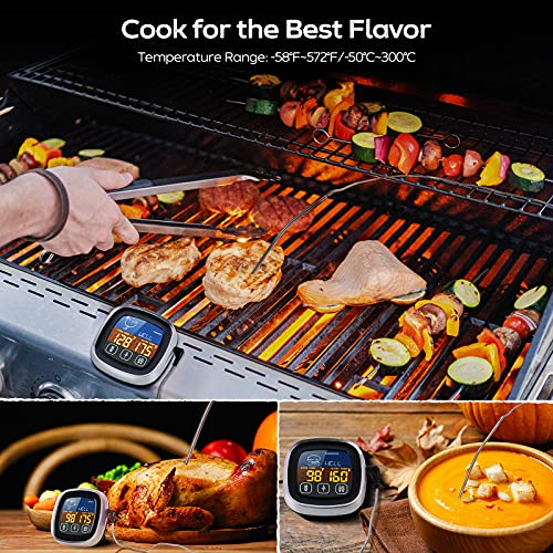 Pilita Digital Meat Thermometer with Large Touchscreen LCD, with Long Probe, Kitchen Timer, Backlight Instant Read for Smoker Kitchen BBQ Oven, Grill Thermometer, Cooking Food Meat Thermometer- Silver