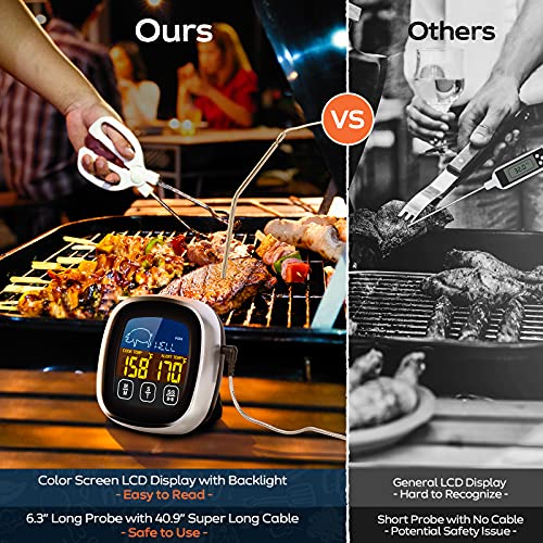Pilita Digital Meat Thermometer with Large Touchscreen LCD, with Long Probe, Kitchen Timer, Backlight Instant Read for Smoker Kitchen BBQ Oven, Grill Thermometer, Cooking Food Meat Thermometer- Silver