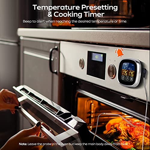 Pilita Digital Meat Thermometer with Large Touchscreen LCD, with Long Probe, Kitchen Timer, Backlight Instant Read for Smoker Kitchen BBQ Oven, Grill Thermometer, Cooking Food Meat Thermometer- Silver