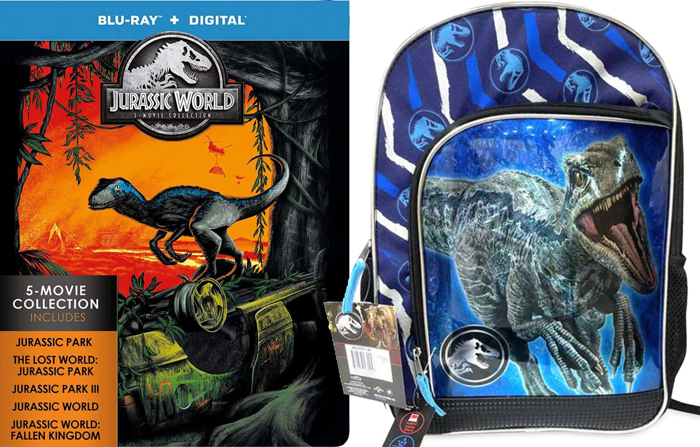 Blue Dinosaur Jurassic Park Stephen Spielberg & World & Steelbook 5 Films Fallen Kingdom / Lost World Limited Edition Blu Ray Family Adventure Movie Bundle Legendary Backpack Double Set