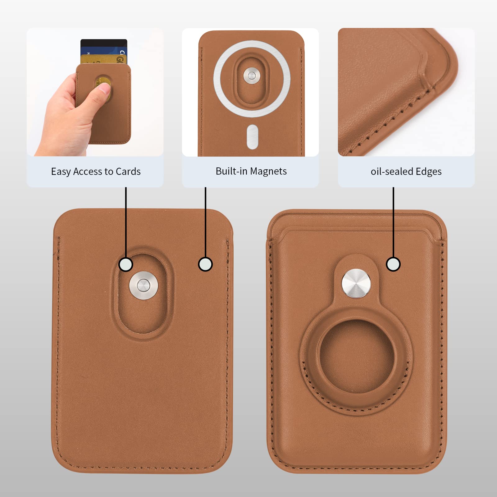 REMOJANO Snap-on MagSafe Card Wallet with Built-in AirTag Pocket, AirTag Case & Magnetic Card Wallet, Compatible for iPhone 12/13 Series (Brown)