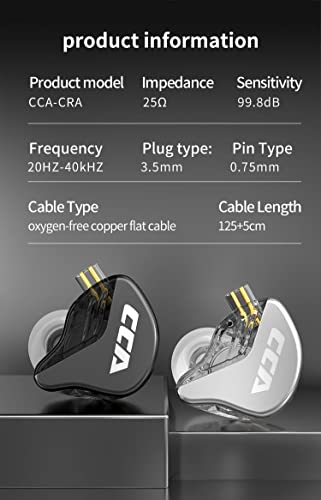 CCA CRA in Ear Monitor Earphone, Ultra-Thin Diaphragm Dynamic Driver IEM, Clear Sound & Deep Bass, Wired Earbuds with Mic and Tangle-Free Removable Cord