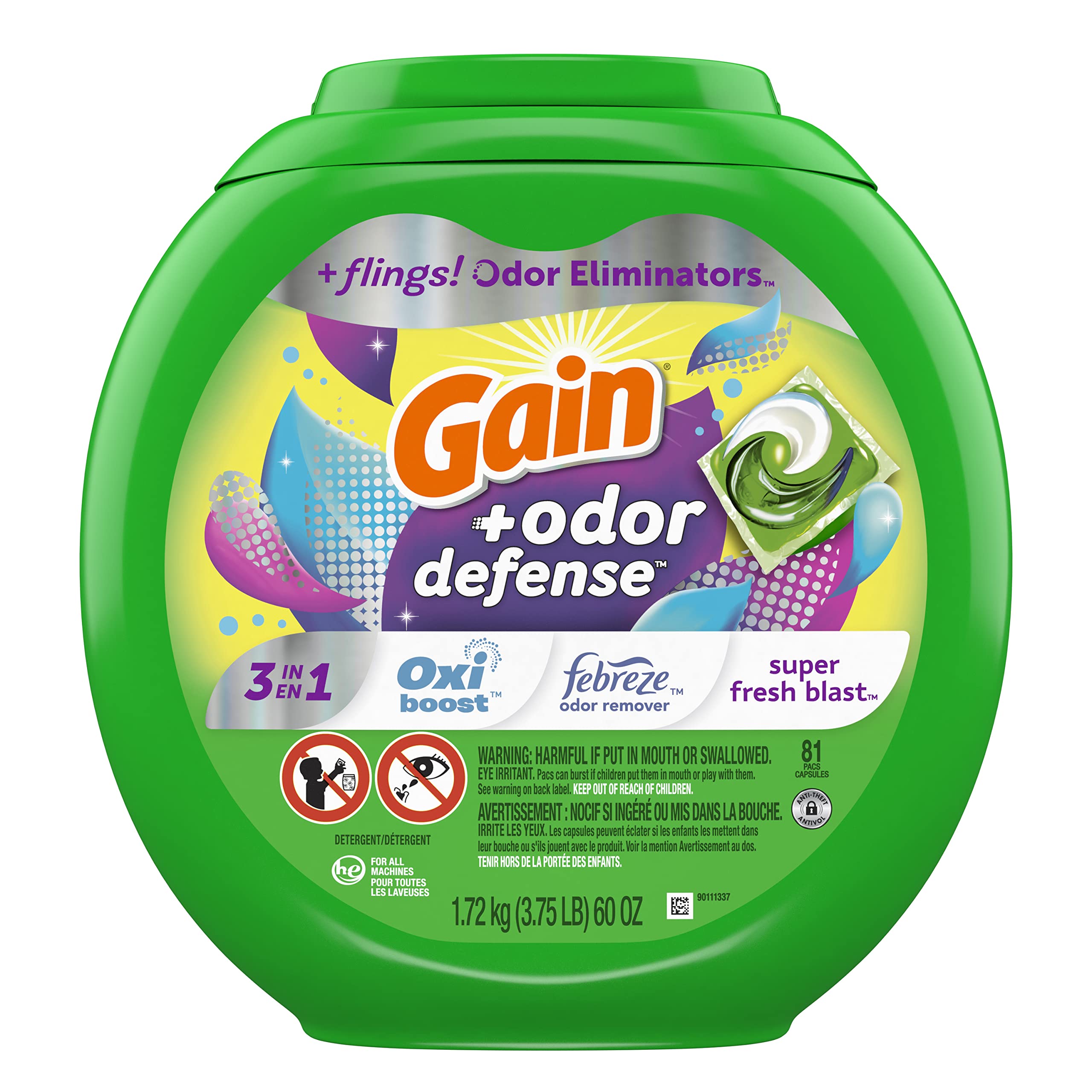 Gain Flings Laundry Detergent Pacs with Odor Defense, HE Compatible, 3in1 with Febreze and Oxi, Super Fresh Blast Scent, 81 Count