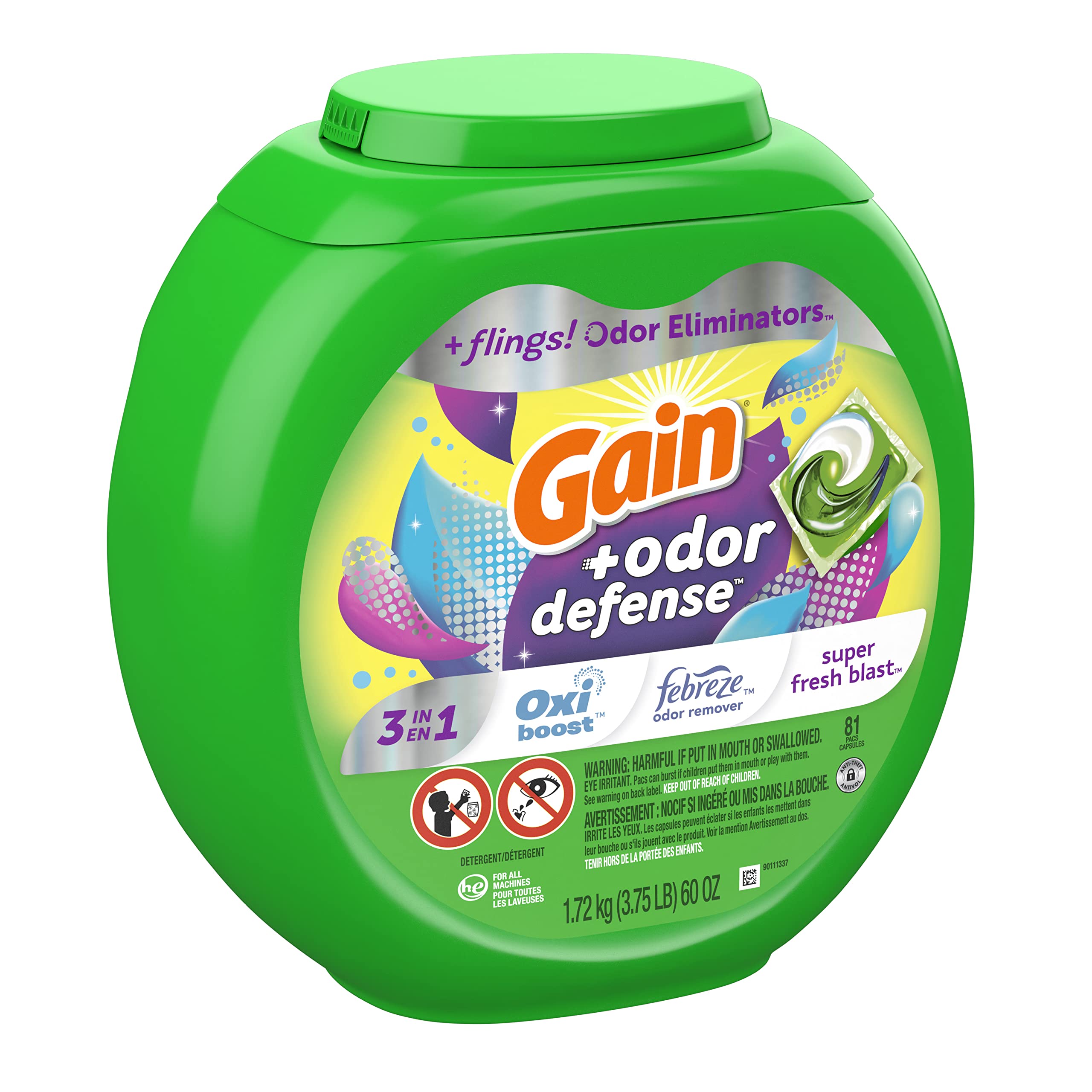 Gain Flings Laundry Detergent Pacs with Odor Defense, HE Compatible, 3in1 with Febreze and Oxi, Super Fresh Blast Scent, 81 Count