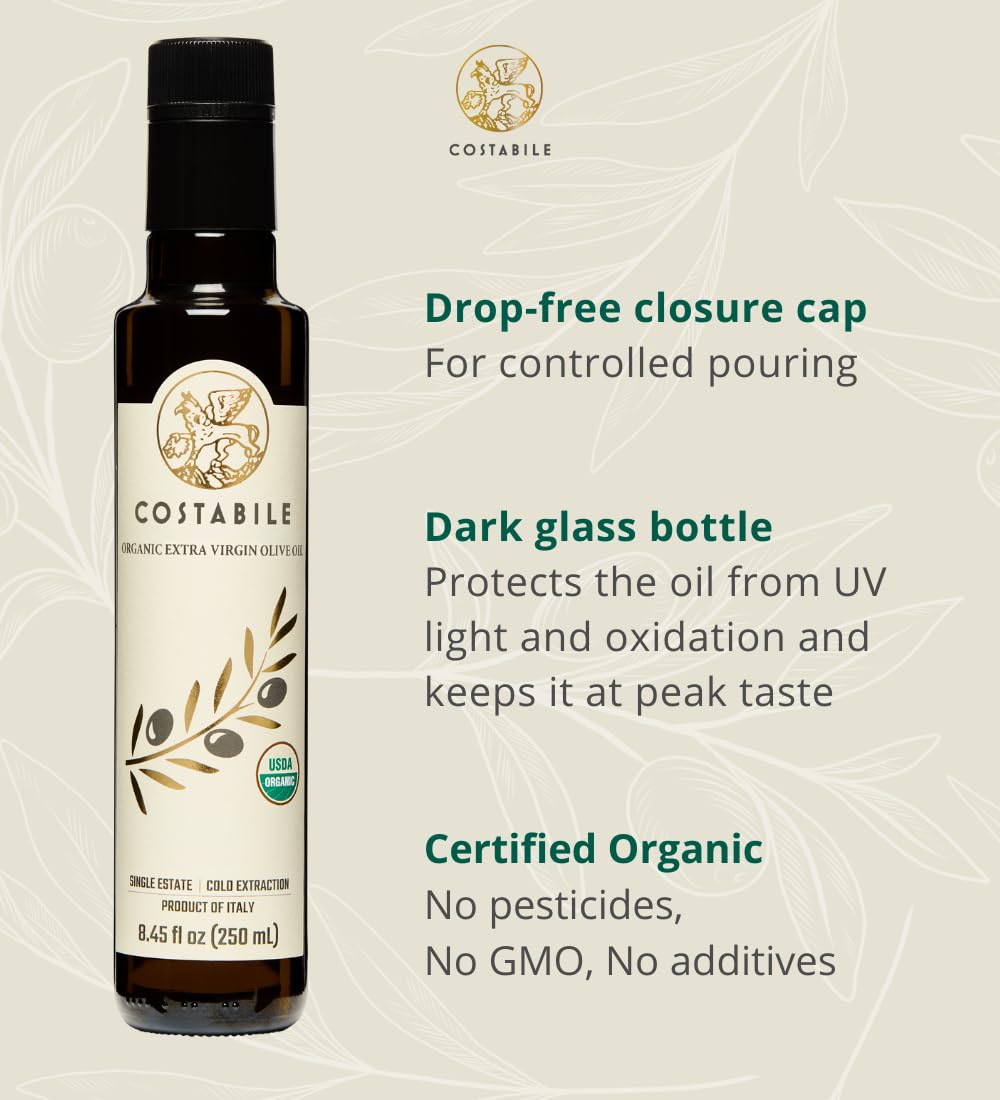 Extra Virgin Olive Oil Cold Pressed Organic. High polyphenol olive oil from Puglia Italy. Fresh harvest from a single estate - COSTABILE Classic Blend 8.45 Fl. Oz.