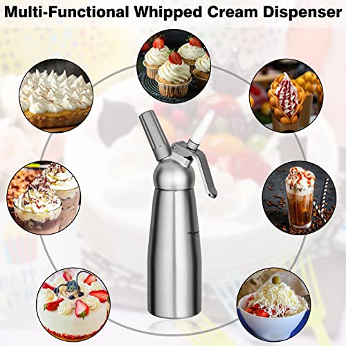 Professional Aluminum Whipped Cream Dispenser Cream Maker 500mL (1 Pint) for Desserts Gourmet Cream Whipper with 3 Decorating Nozzles