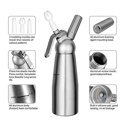 Professional Aluminum Whipped Cream Dispenser Cream Maker 500mL (1 Pint) for Desserts Gourmet Cream Whipper with 3 Decorating Nozzles
