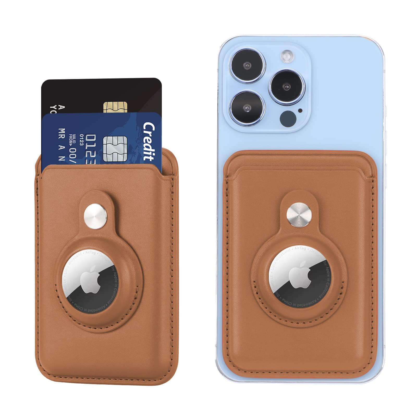 REMOJANO Snap-on MagSafe Card Wallet with Built-in AirTag Pocket, AirTag Case & Magnetic Card Wallet, Compatible for iPhone 12/13 Series (Brown)
