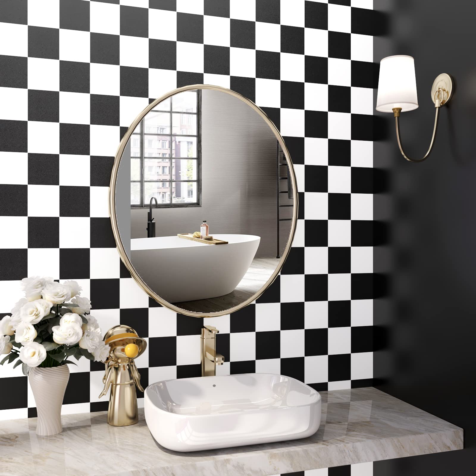 YENHOME Removable Checkered Wallpaper Small Checkered Peel and Stick Wallpaper Neutral Black and White Checker Contact Paper Waterproof Wallpaper for Bathroom Countertops Walls Thick Matte 17.7"X80"