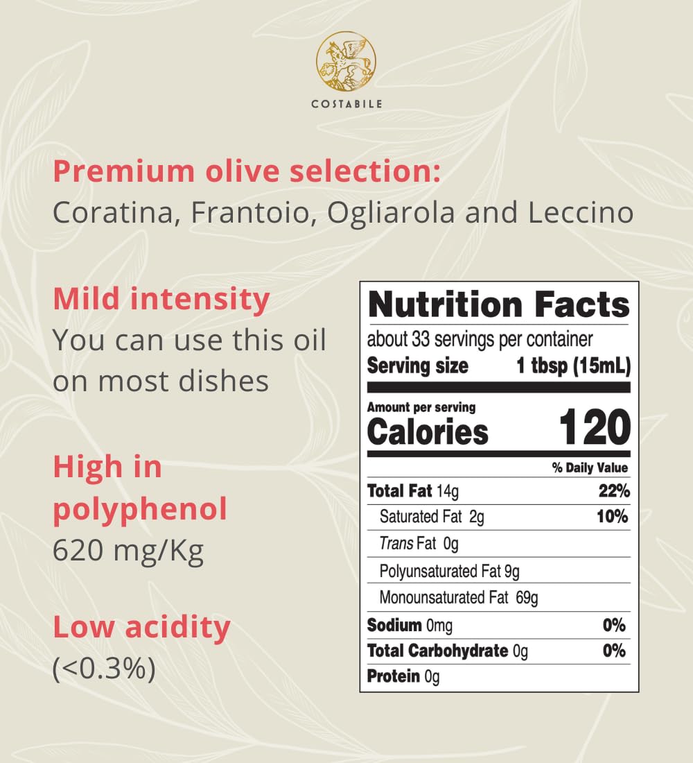 Extra Virgin Olive Oil Cold Pressed Organic. High polyphenol olive oil from Puglia Italy. Fresh harvest from a single estate - COSTABILE Classic Blend 8.45 Fl. Oz.