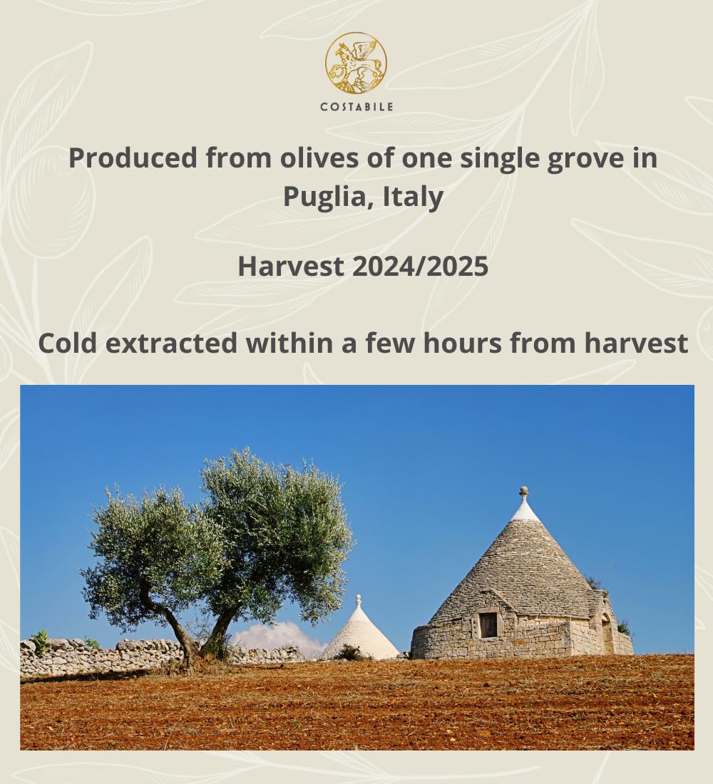 Extra Virgin Olive Oil Cold Pressed Organic. High polyphenol olive oil from Puglia Italy. Fresh harvest from a single estate - COSTABILE Classic Blend 8.45 Fl. Oz.