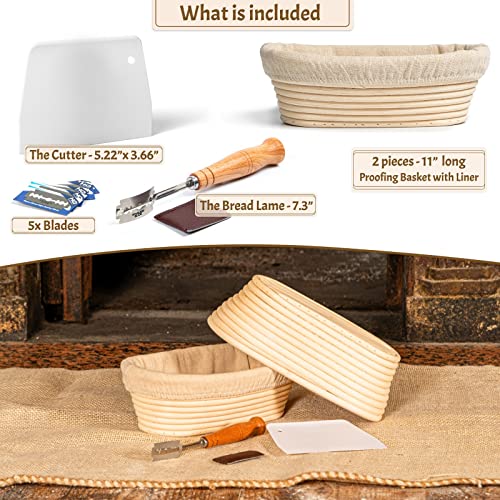11 Inch Oval Bread Banneton Proofing Basket with Liner Cloth– Set of 2 + Premium Bread Lame and Slashing Scraper, the ideal Baking Bowl for Sourdough and Yeast Bread Dough by Criss Elite