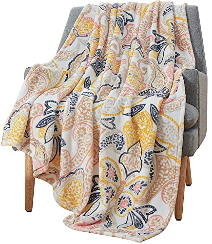 Decorative Boho Throw Blanket: Soft Plush Velvet Fleece Floral Damask Accent for Sofa Couch Chair Bed or Dorm, Colored: Tan Pink Yellow Grey Black White
