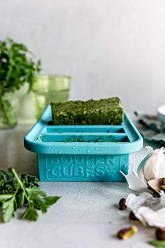 Souper Cubes 1/2-Cup Freezing Tray with lid, Aqua, makes 6 perfect 1/2 cup portions, freeze pesto, salsa, sauce, food