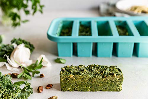 Souper Cubes 1/2-Cup Freezing Tray with lid, Aqua, makes 6 perfect 1/2 cup portions, freeze pesto, salsa, sauce, food