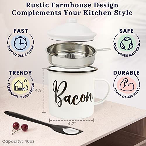 Bacon Grease Container with Strainer - With Food-Grade Silicone Spatula, 46oz Large Enamel Grease Strainer - Rustic Farmhouse Bacon Fat Container, Bacon Grease Keeper, With Recipes, Dishwasher Safe