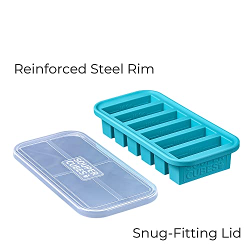 Souper Cubes 1/2-Cup Freezing Tray with lid, Aqua, makes 6 perfect 1/2 cup portions, freeze pesto, salsa, sauce, food