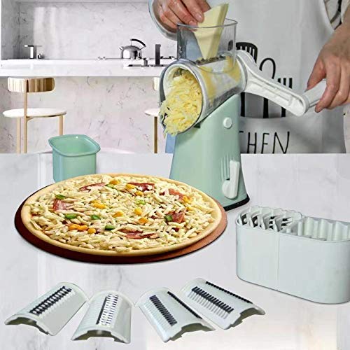VEKAYA 5 in 1 Rotary Cheese Grater with Handle [5 Interchangeable Stainless Steel Blades] Cheese Shredder Food Vegetable Grader Hand Crank Grater for Kitchen Gift with Bonus Storage Box for Blades