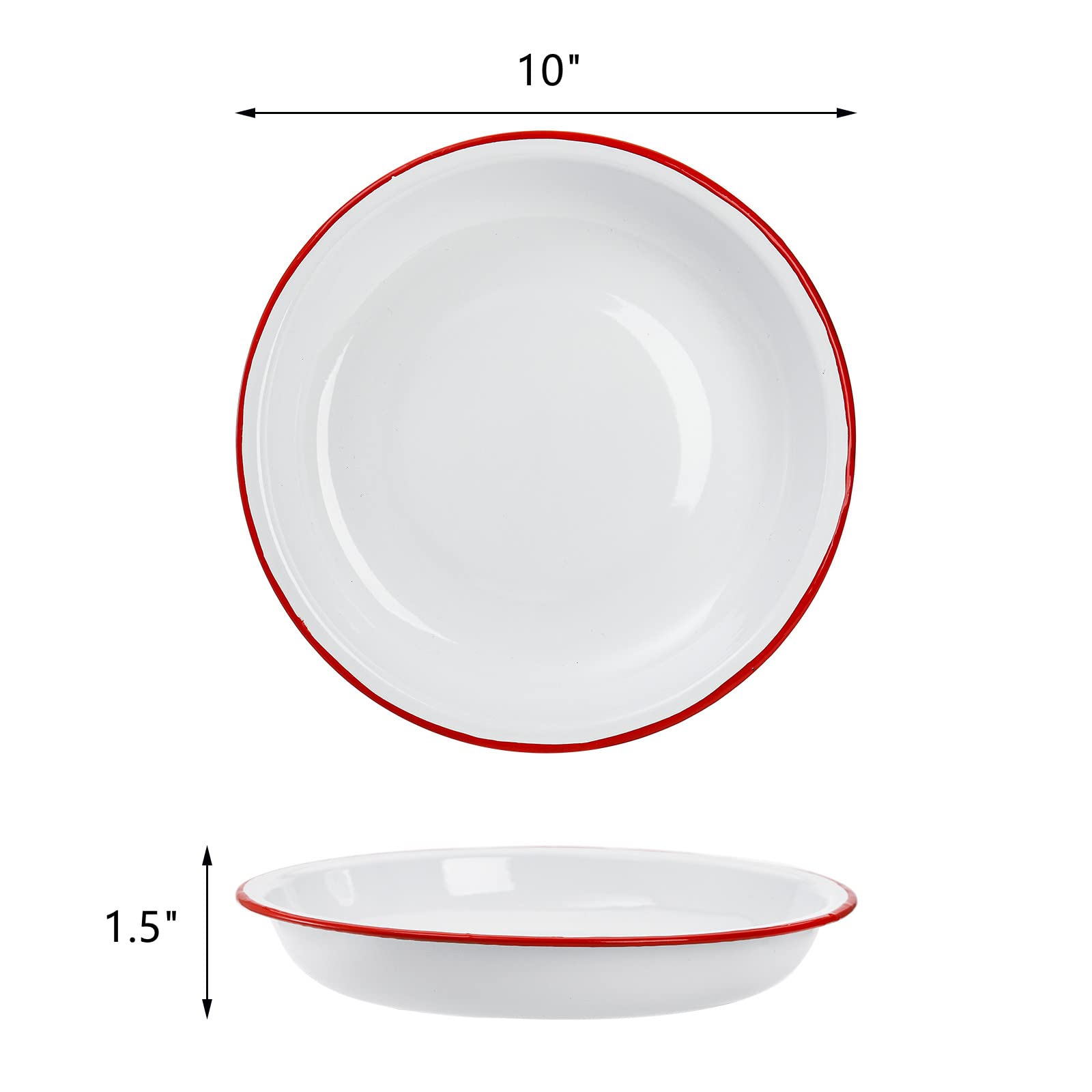 Lawei Set of 4 Enamel Dinner Plates, 10 Inch Round Enameled Camping Plate with Red Rim, Retro Salad Pasta Bowls Enamel Deep Dinner Serving Platter for Dinner, Outdoor, Picnic, BBQ, Butter