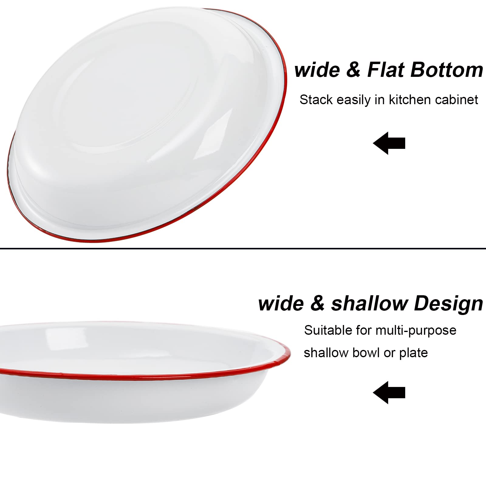Lawei Set of 4 Enamel Dinner Plates, 10 Inch Round Enameled Camping Plate with Red Rim, Retro Salad Pasta Bowls Enamel Deep Dinner Serving Platter for Dinner, Outdoor, Picnic, BBQ, Butter