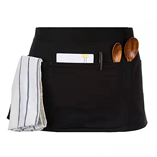 RUIBOLU Waist Apron with 3 Pockets - Black Waitress Waiter Server Short Aprons, Water Resistant Half Apron (Black-1pack)