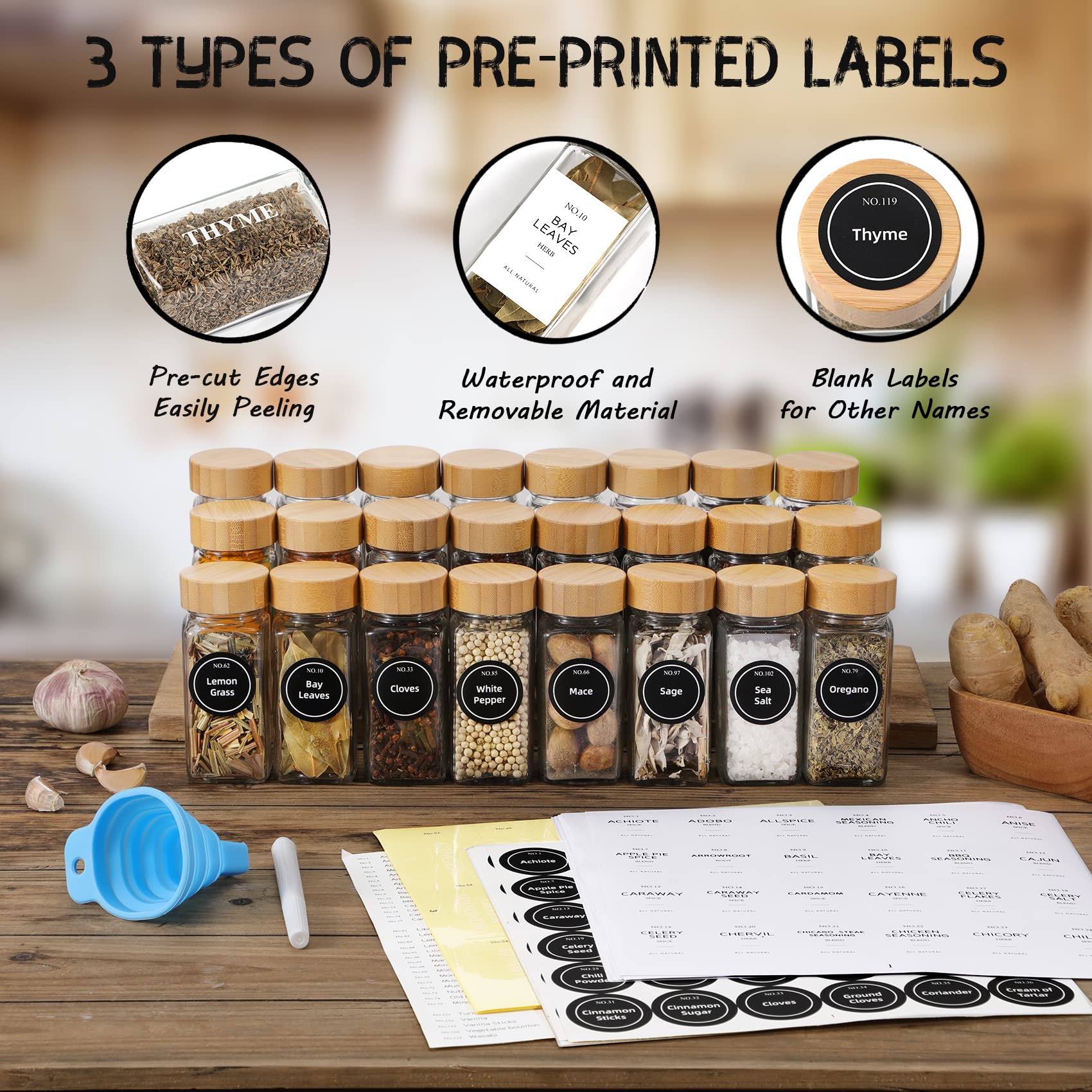 NETANY 36 Pcs Glass Spice Jars with Bamboo Lids, 4 oz Glass Jars with Minimalist Farmhouse Spice Labels Stickers, Collapsible Funnel, Seasoning Storage Bottles for Spice Rack, Cabinet, Drawer