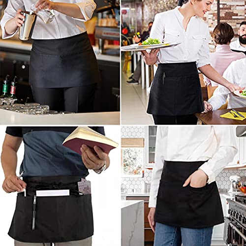 RUIBOLU Waist Apron with 3 Pockets - Black Waitress Waiter Server Short Aprons, Water Resistant Half Apron (Black-1pack)