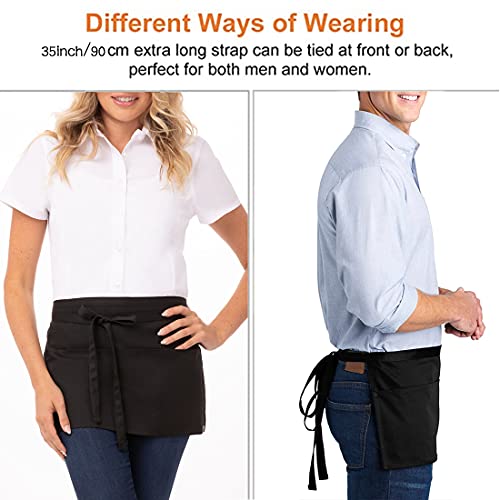 RUIBOLU Waist Apron with 3 Pockets - Black Waitress Waiter Server Short Aprons, Water Resistant Half Apron (Black-1pack)