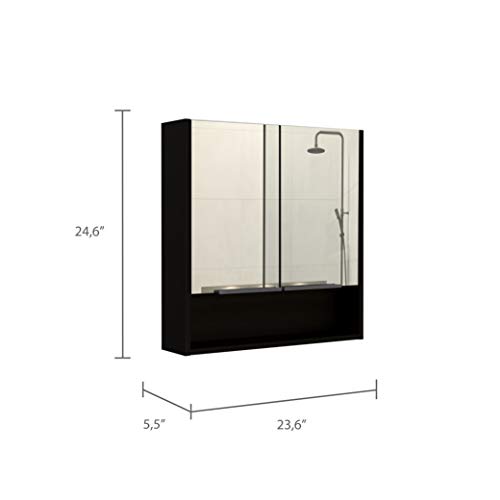 Tuhome Jaspe 24-inch Wide Mirror Cabinet with 3 Internal Shelves, 1 Open Shelf, and Double Door Cabinet, Black Wenge