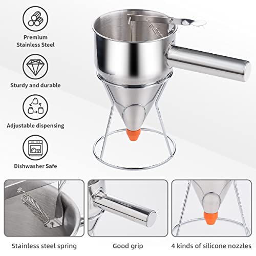 Choxila 40oz Pancake Batter Dispenser, Stainless Steel 4 Caliber Funnel Cake Dispenser with Stand Great for Pancakes, Cupcakes and Baked Goods