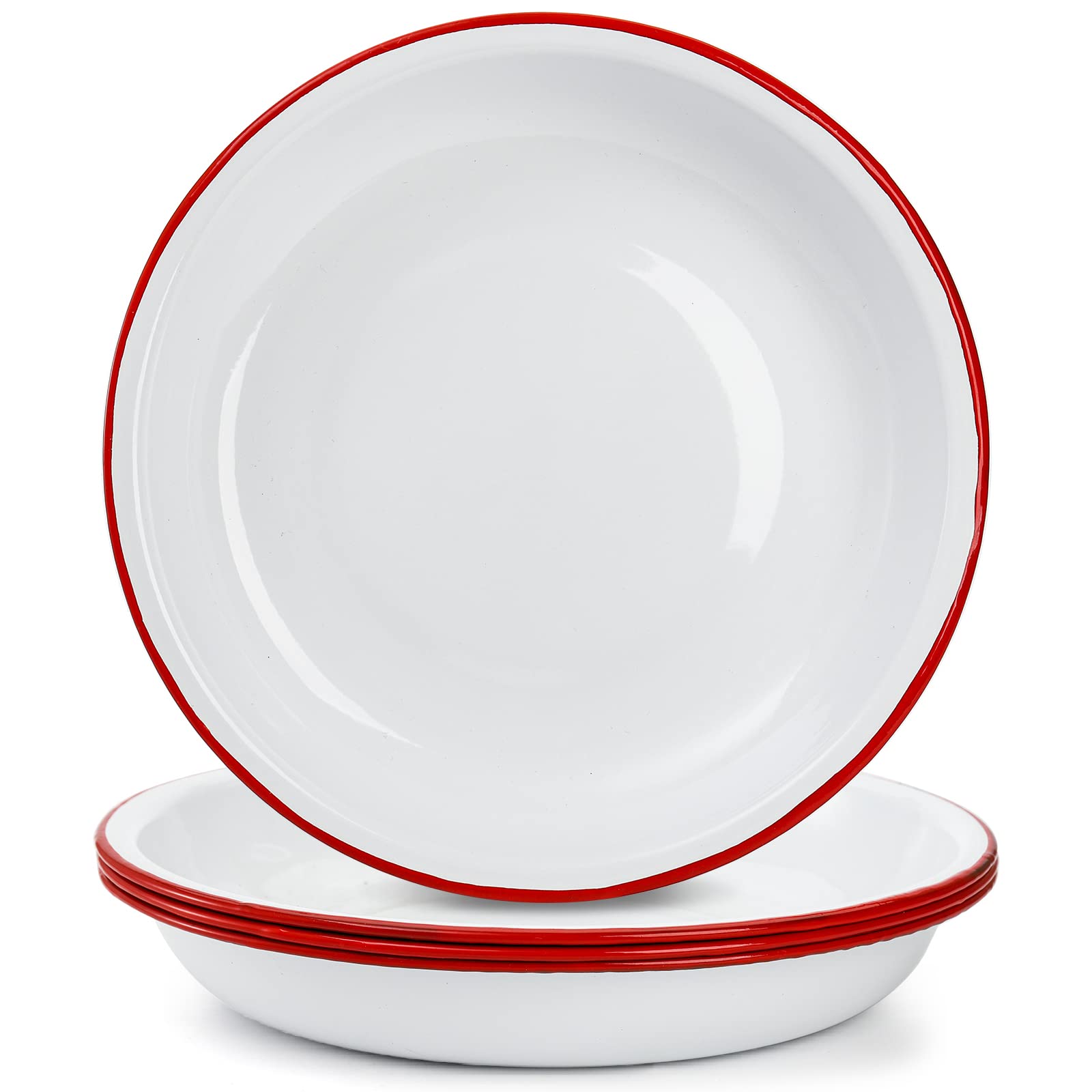Lawei Set of 4 Enamel Dinner Plates, 10 Inch Round Enameled Camping Plate with Red Rim, Retro Salad Pasta Bowls Enamel Deep Dinner Serving Platter for Dinner, Outdoor, Picnic, BBQ, Butter