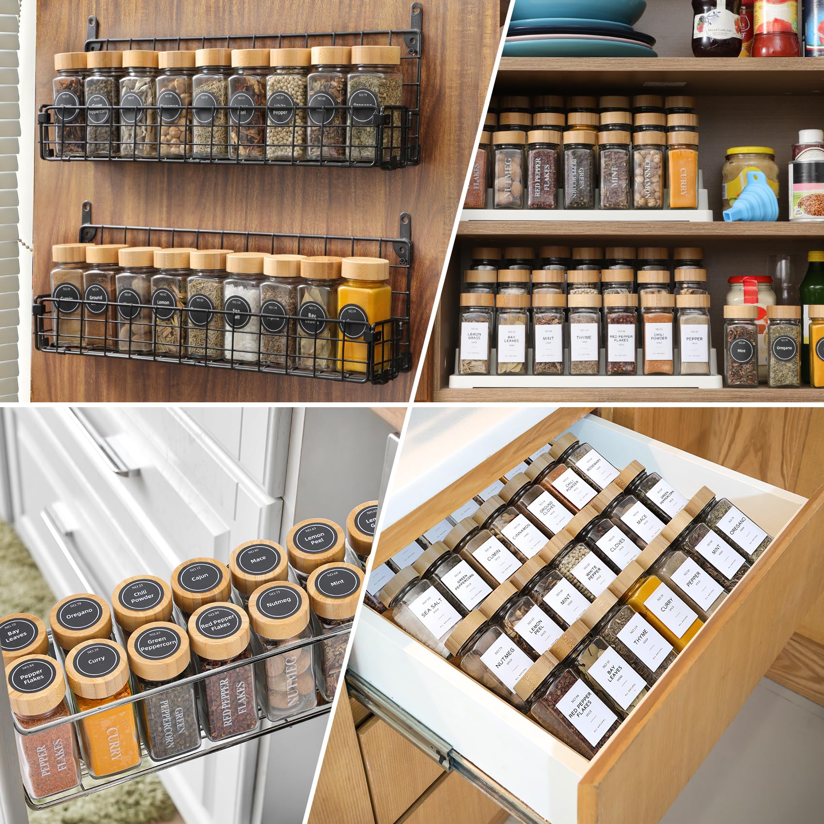 NETANY 36 Pcs Glass Spice Jars with Bamboo Lids, 4 oz Glass Jars with Minimalist Farmhouse Spice Labels Stickers, Collapsible Funnel, Seasoning Storage Bottles for Spice Rack, Cabinet, Drawer