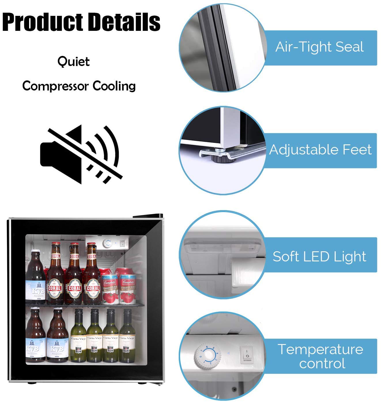 WATOOR Wine Cooler and Beverage Refrigerator 1.6 Cubic Feet 60 Cans Mini Fridge with Glass Reversible Door for Soda Beer or Wine