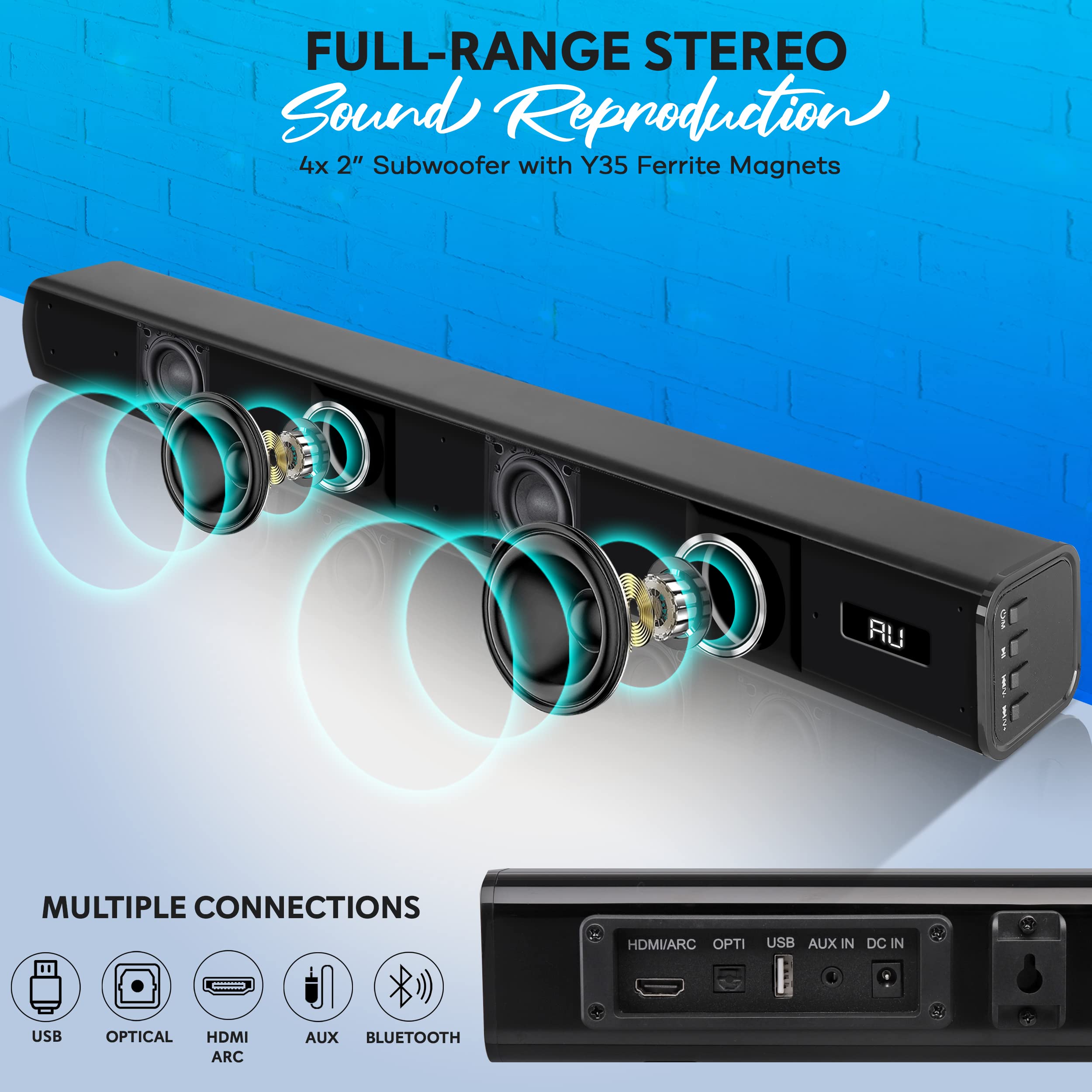 Pyle TV Speaker - Quality Audio Soundbar for TV with Bluetooth, Support 4K & HDMI TV's, Wall Mountable, 32" w/Remote Control, Coaxial & RCA Cables, Class D Stereo Power Digital Amplifier - PSBV30BT