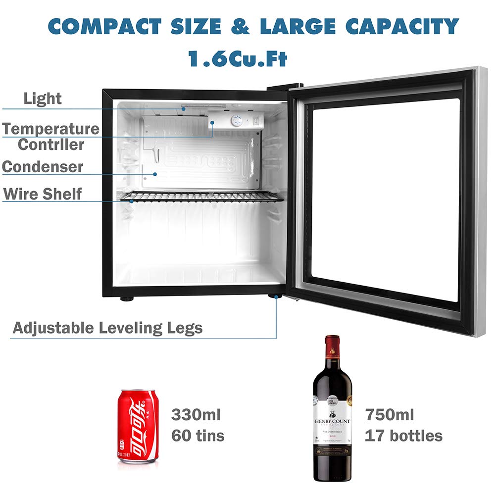 WATOOR Wine Cooler and Beverage Refrigerator 1.6 Cubic Feet 60 Cans Mini Fridge with Glass Reversible Door for Soda Beer or Wine