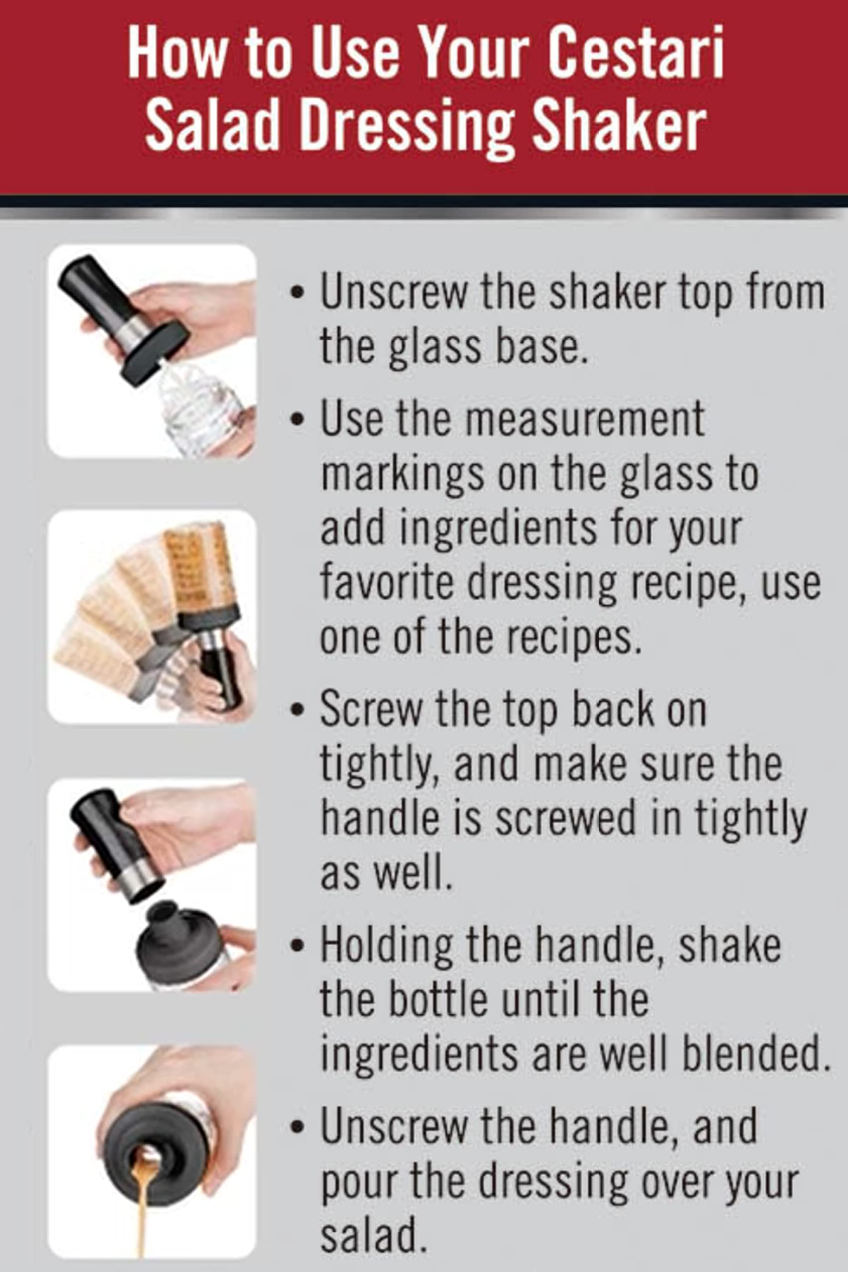 Glass Salad Dressing Bottle: Premium Borosilicate Salad Dressing Shaker with Mixer Insert • Leak Proof Salad Dressing Blender and Dispenser with Measurements and Recipes • Reusable Vinaigrette Cruet