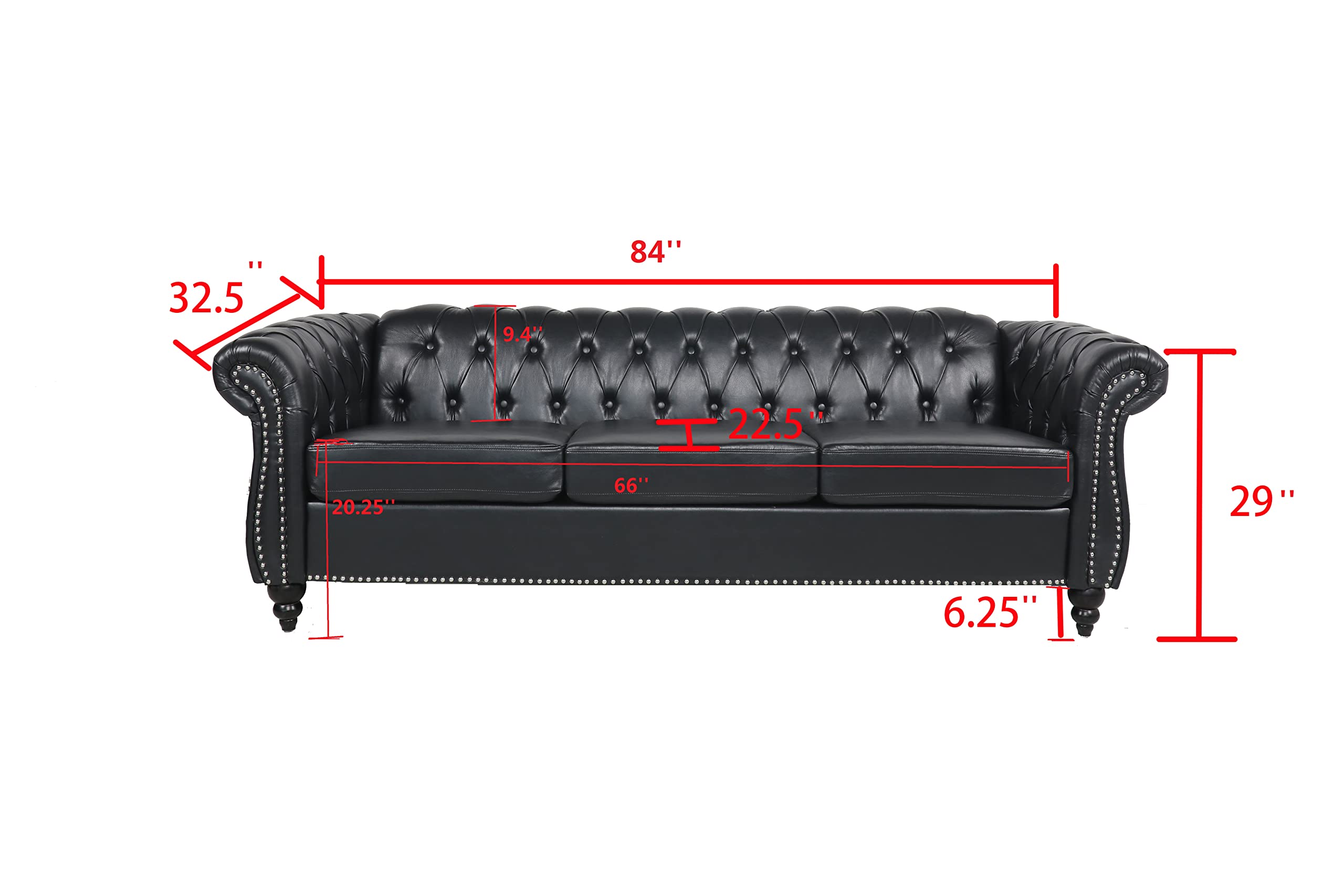MIYZEAL Chesterfield Sofa, Tufted Leather Couch Upholstered Sofa with Low Back, Roll Arm Classic 3 Seater PU Leather Couch for Living Room Bedroom Office (Black)