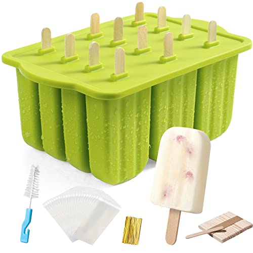 Popsicles Molds, 12 Cavities Silicone Popsicle Molds for Kids Adults Food Grade Popsicle Maker Molds BPA-Free Ice Pop Mold Homemade Ice Pop Maker with Popsicle Sticks, Popsicle Bags, Cleaning Brush