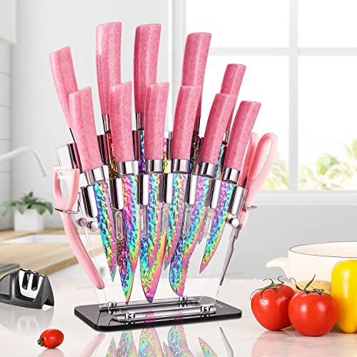 Rainbow Titanium Knife Set, Non Stick Thick and Sharp Stainless Steel Kitchen Knives Set with Acrylic Block, 15 Pcs Cutlery Knives Block Set, Chef Quality for Home & Pro Use, Best Gift, Pink Color